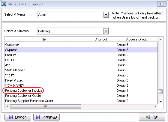 Manage Menu Groups Delete Pending Invoices Infusion Business Software