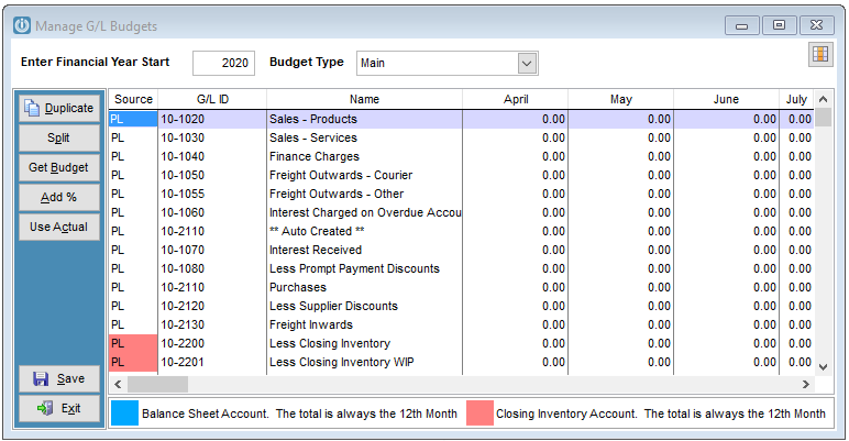 Manage Budget Screen – Infusion Business Software