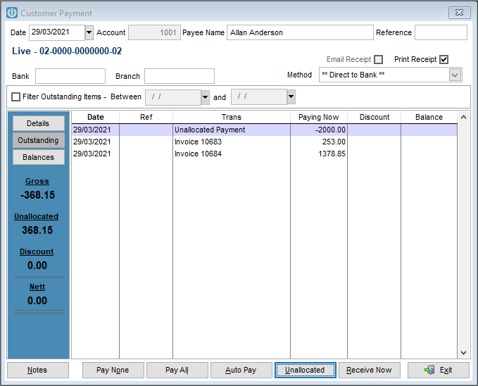 Multiple Unallocated Payments – Infusion Business Software